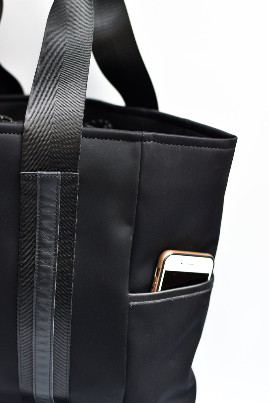 Black Neoprene Tote Bag – Cinch Top & Leather Trim | Hawthorne Tote ...
